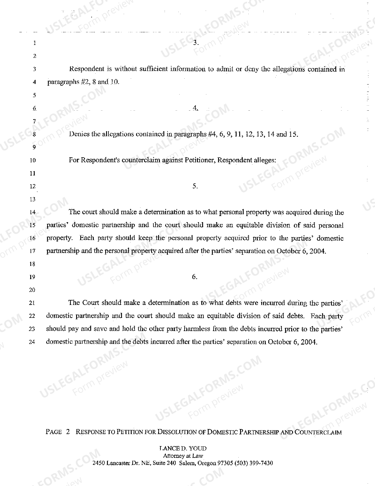 Oregon Response to Petition for Dissolution of Domestic Partnership and ...