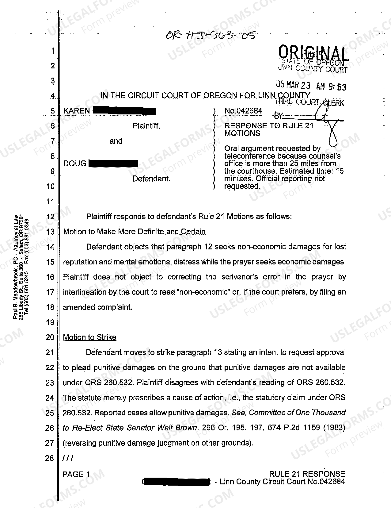 Oregon Response to Rule 21 Motions | US Legal Forms