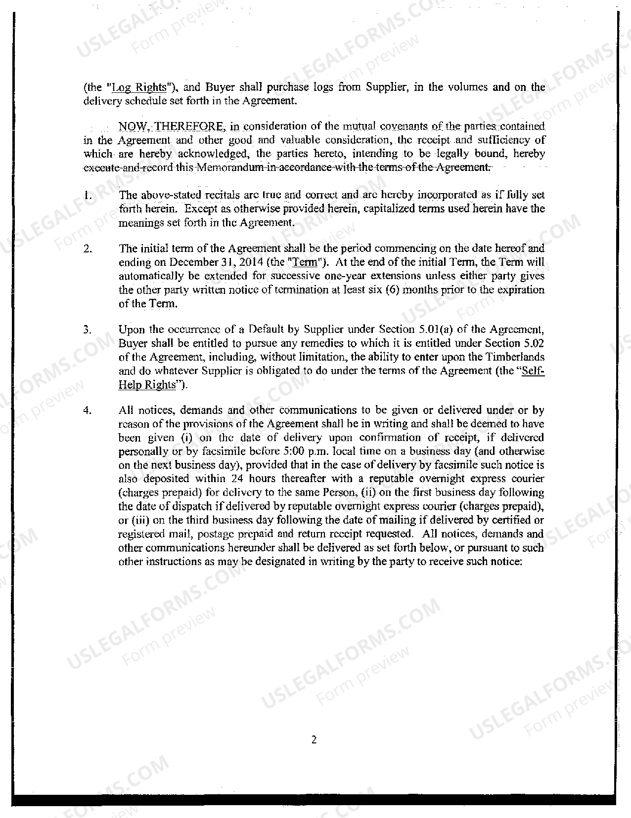 Oregon Memorandum of Log Supply Agreement | US Legal Forms