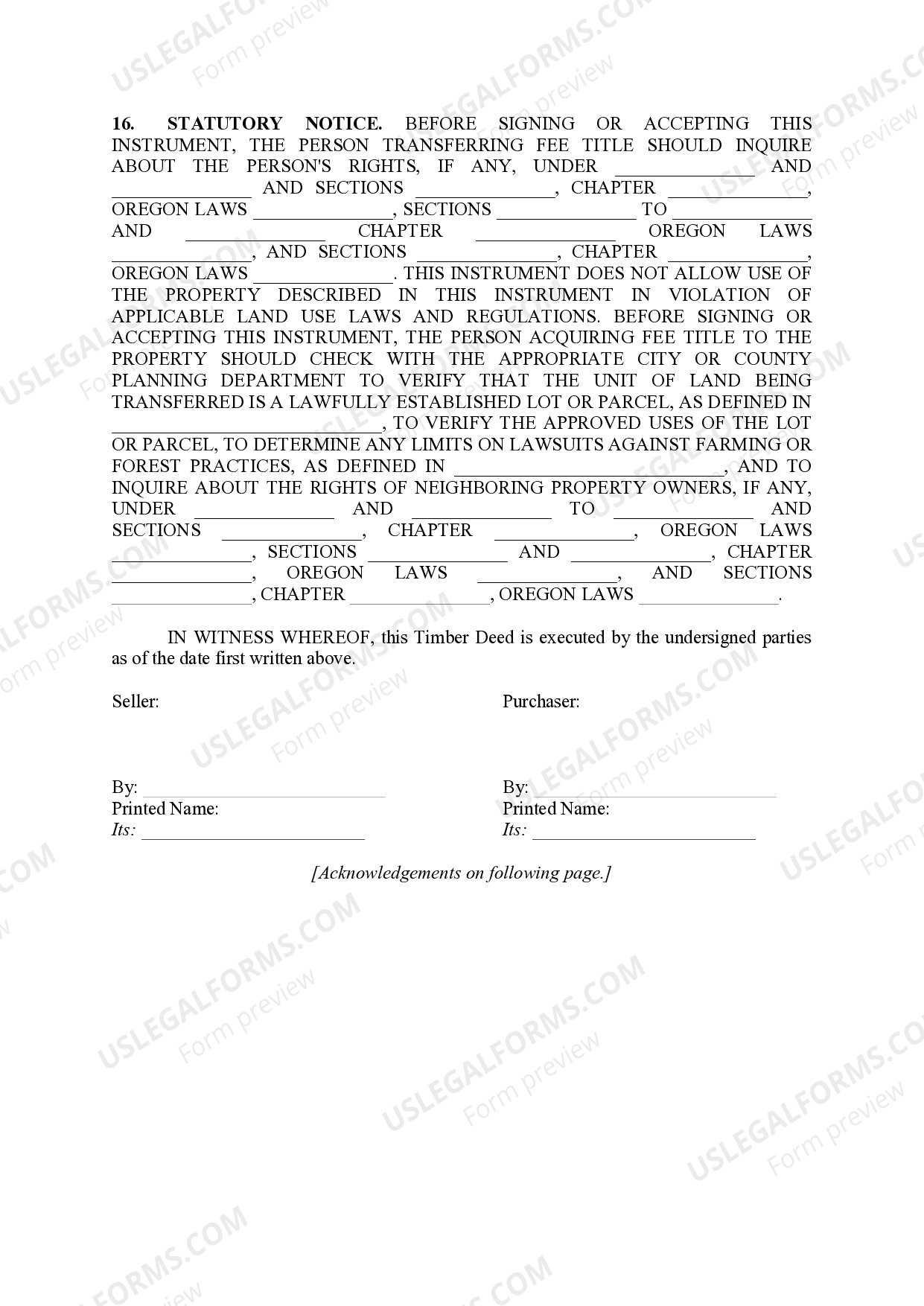 Oregon Timber Deed - Timber Deed | US Legal Forms
