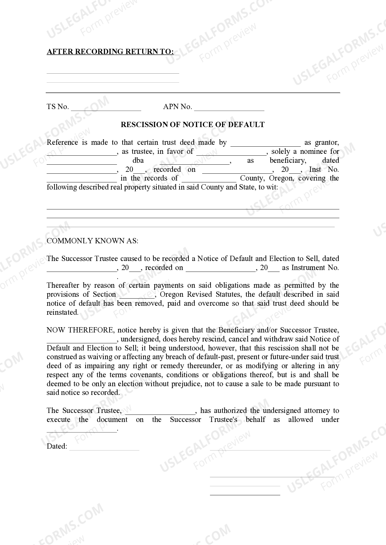 Oregon Rescission of Notice of Default | US Legal Forms