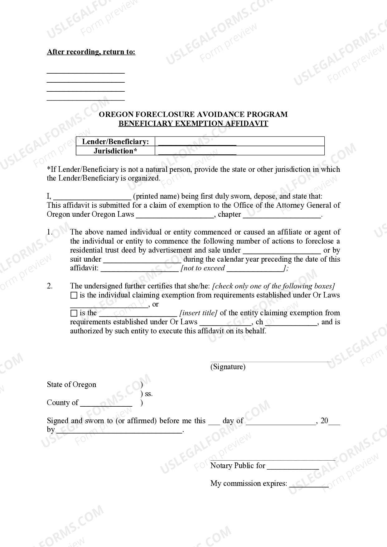 Oregon Affidavit of Filing Beneficiary Exemption Affidavit with Attorney General’s Office | US ...