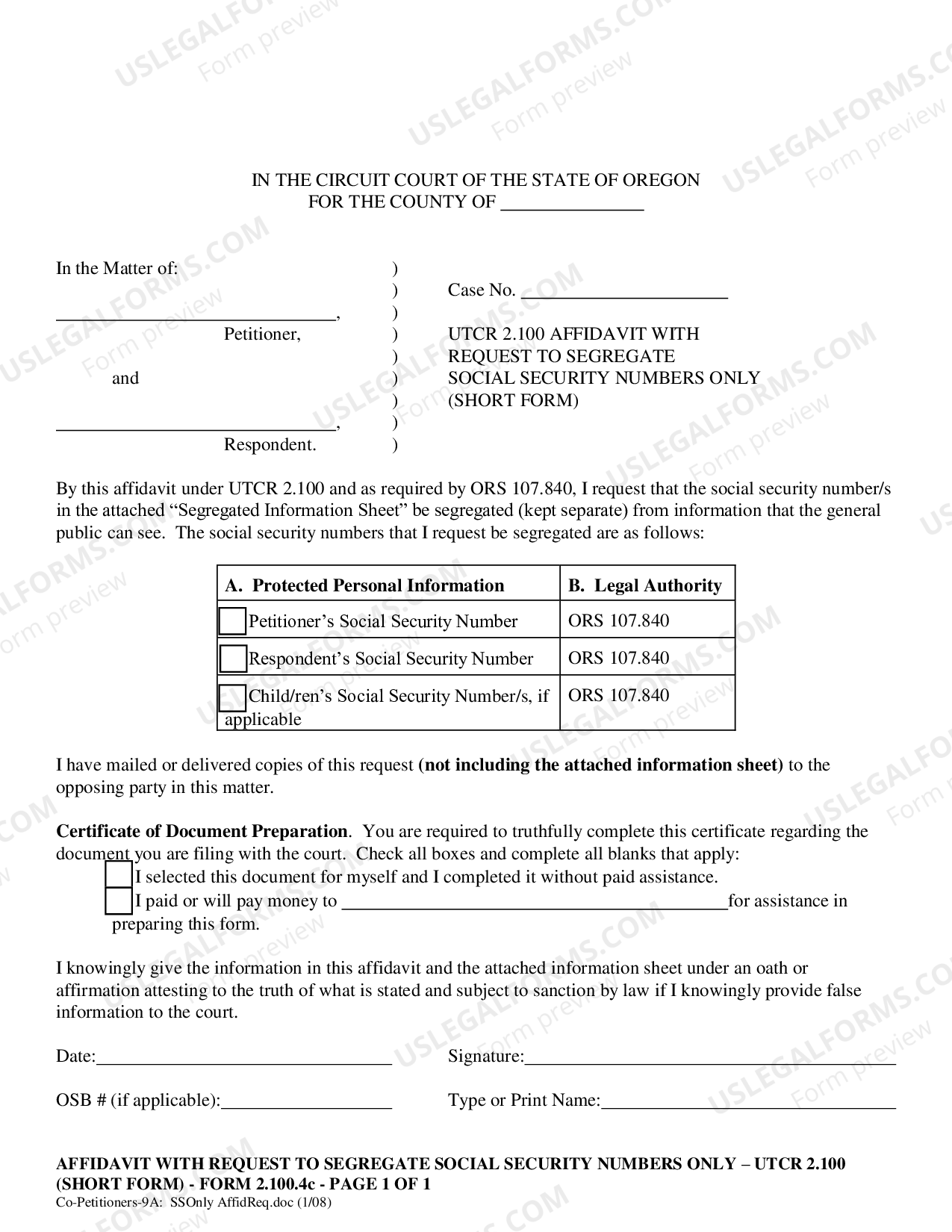 Oregon UTCR 2.100 Co-Petitioner (with minor children) Affidavit with ...