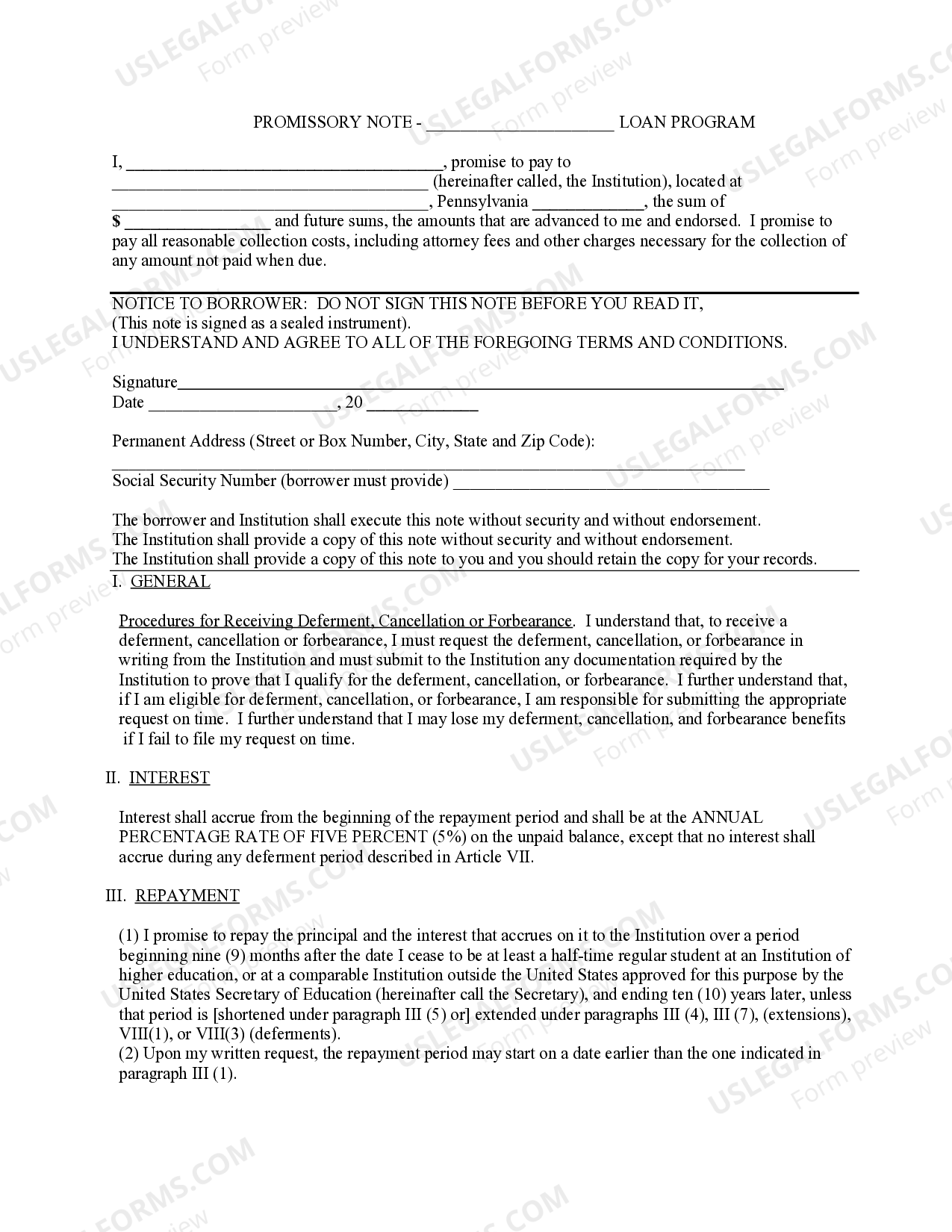 Pennsylvania Supplemental Promissory Note for College Loan Program | US ...