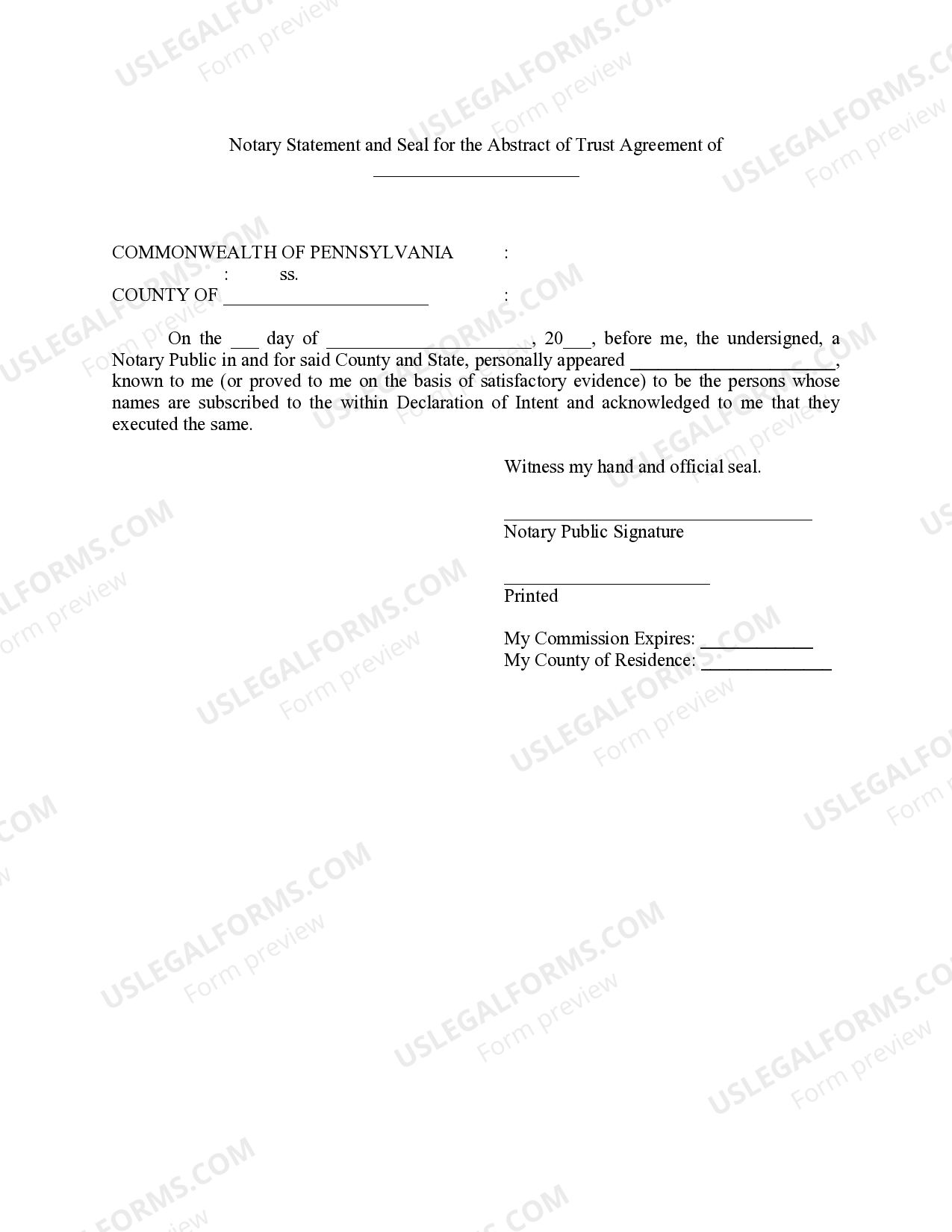 Pennsylvania Abstract of Trust Agreement | US Legal Forms