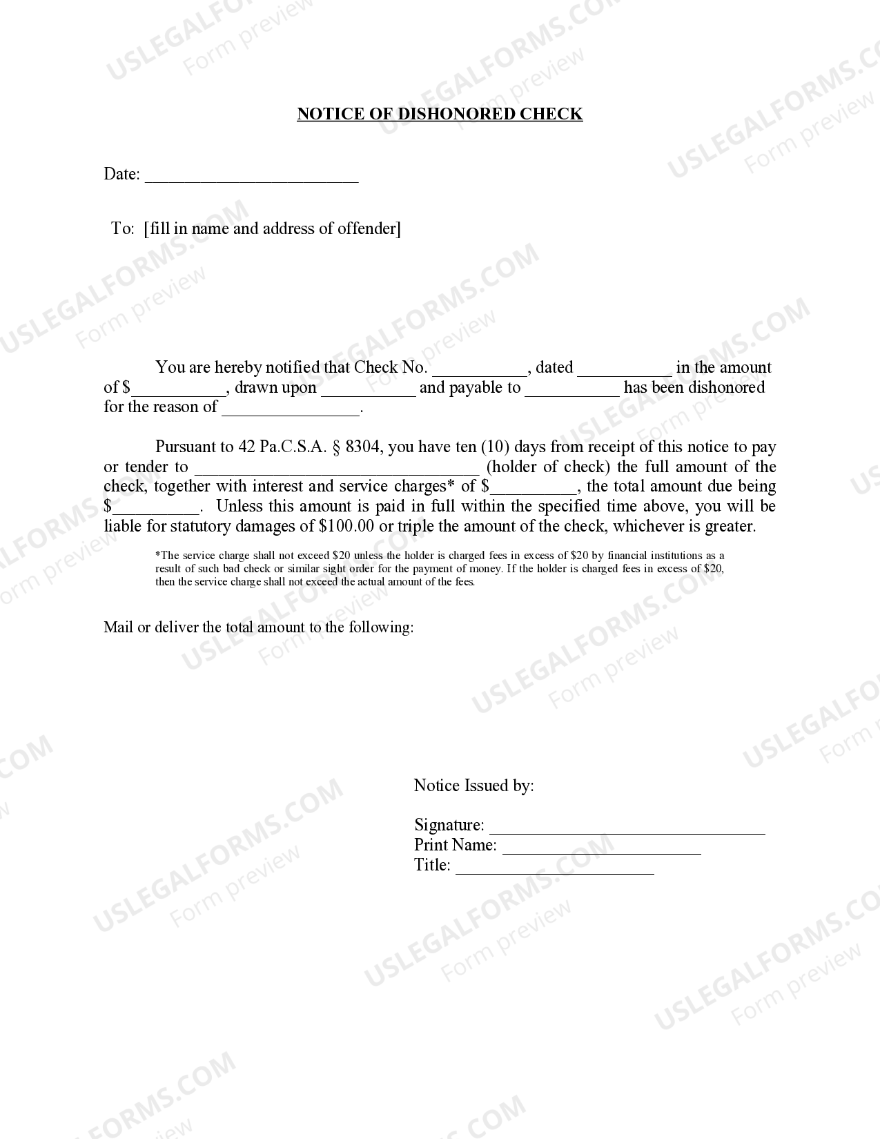 Pennsylvania Notice of Dishonored Check - Civil - Keywords: bad check ...