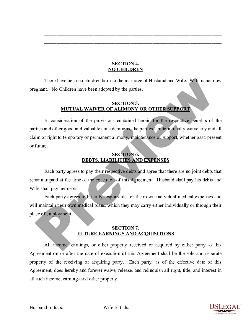 Pennsylvania Marital Domestic Separation And Property Settlement Agreement For Persons With No