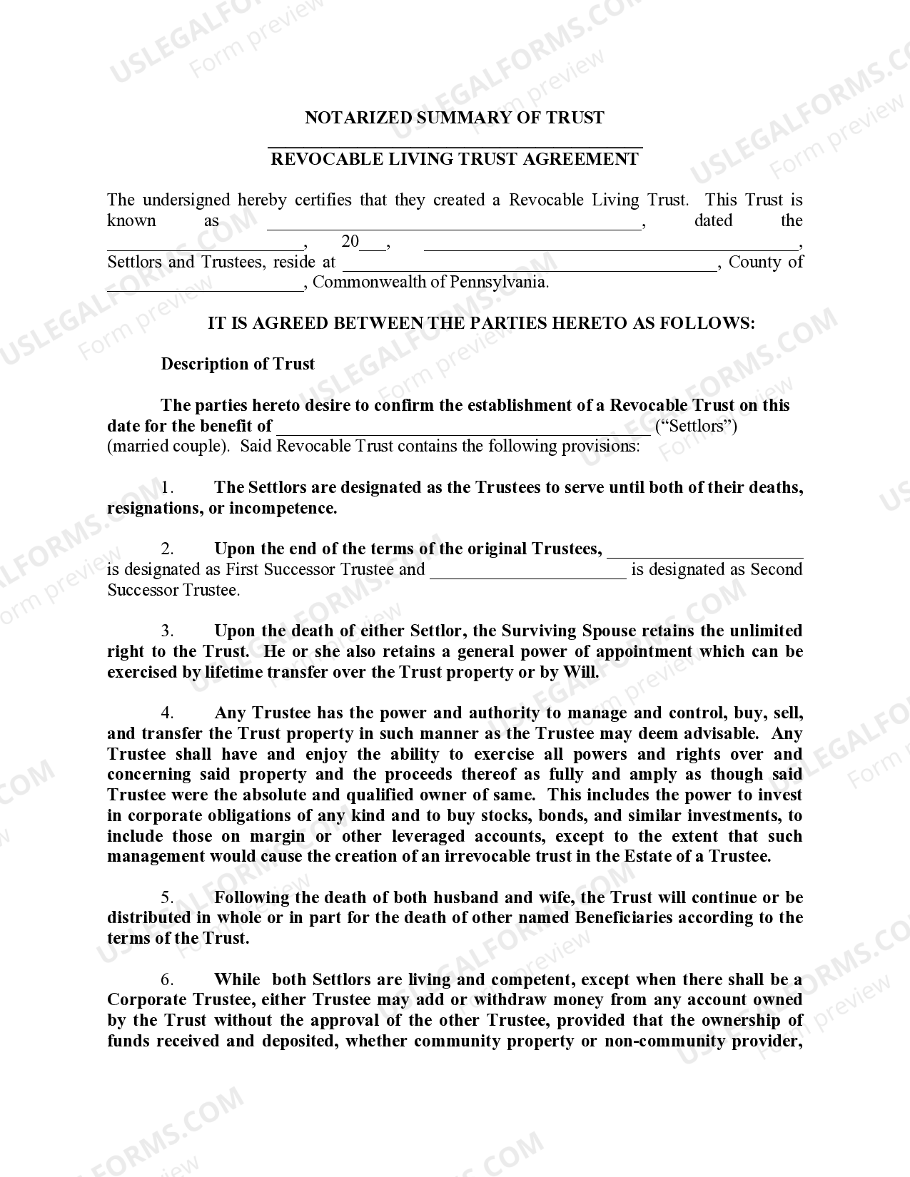 Pennsylvania Summary of Revocable Living Trust Agreement - Pennsylvania ...