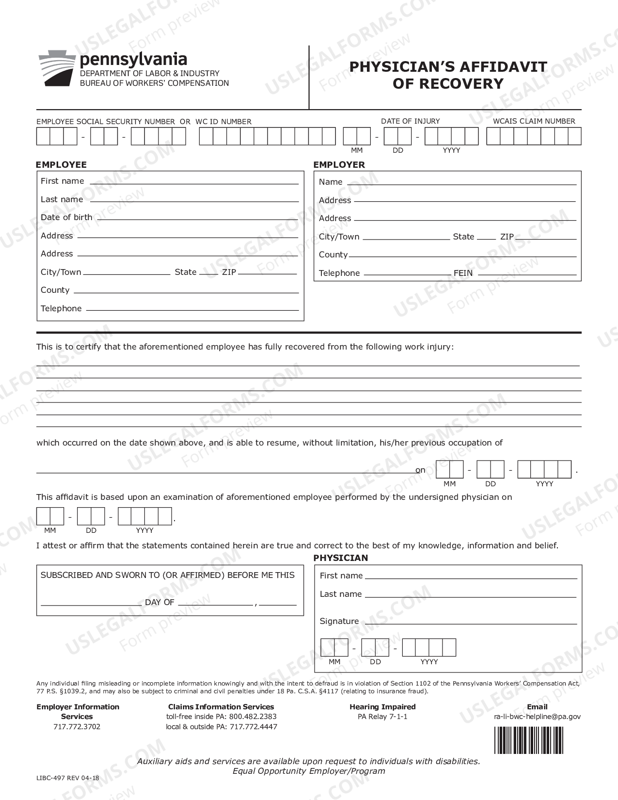 Pennsylvania Physician Affidavit of Recovery for Workers' Compensation ...