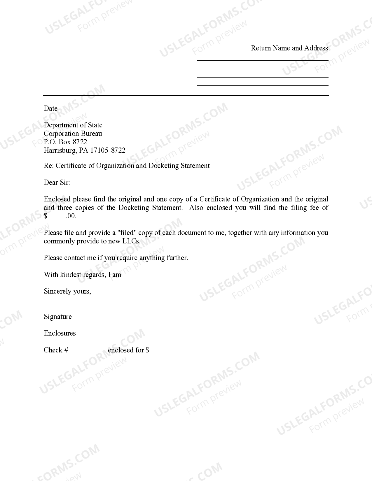 Pennsylvania Sample Cover Letter for Filing of LLC Articles or ...