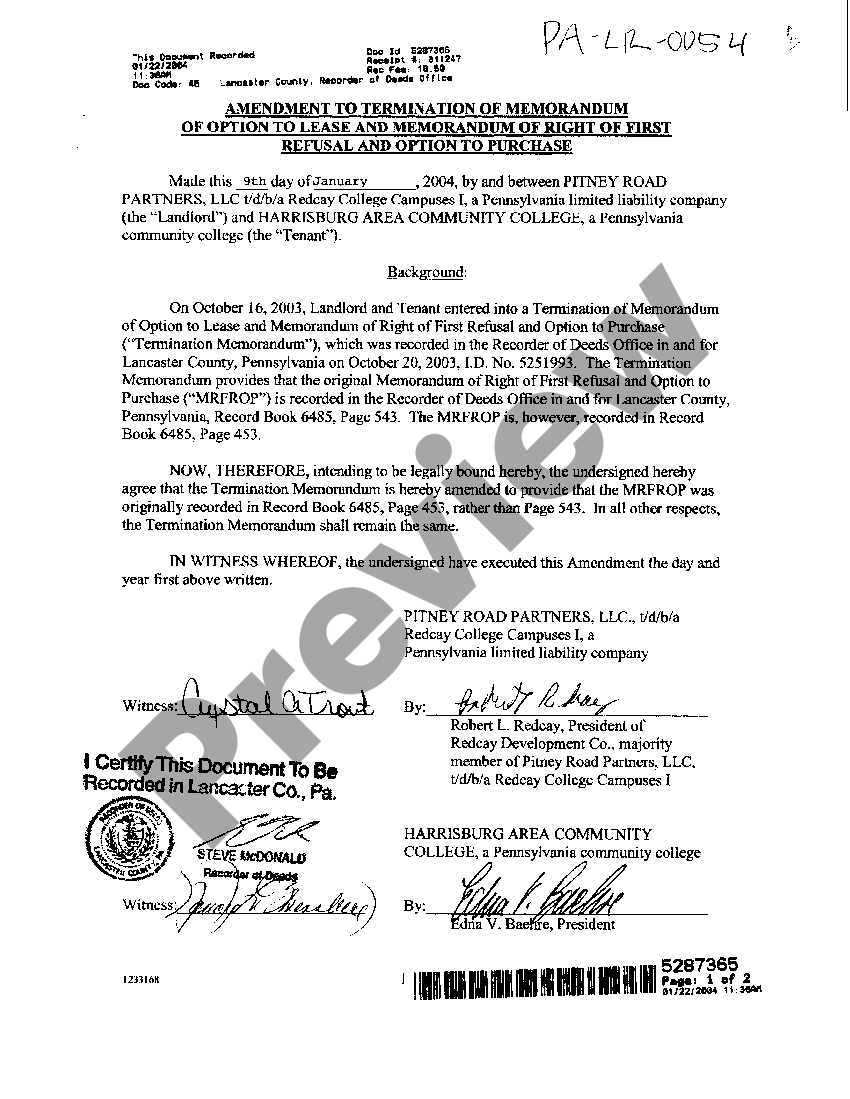 Pittsburgh Pennsylvania Amendment To Termination Of Memorandum Of pittsburgh-pennsylvania-amendment-to-termination-of-memorandum-of