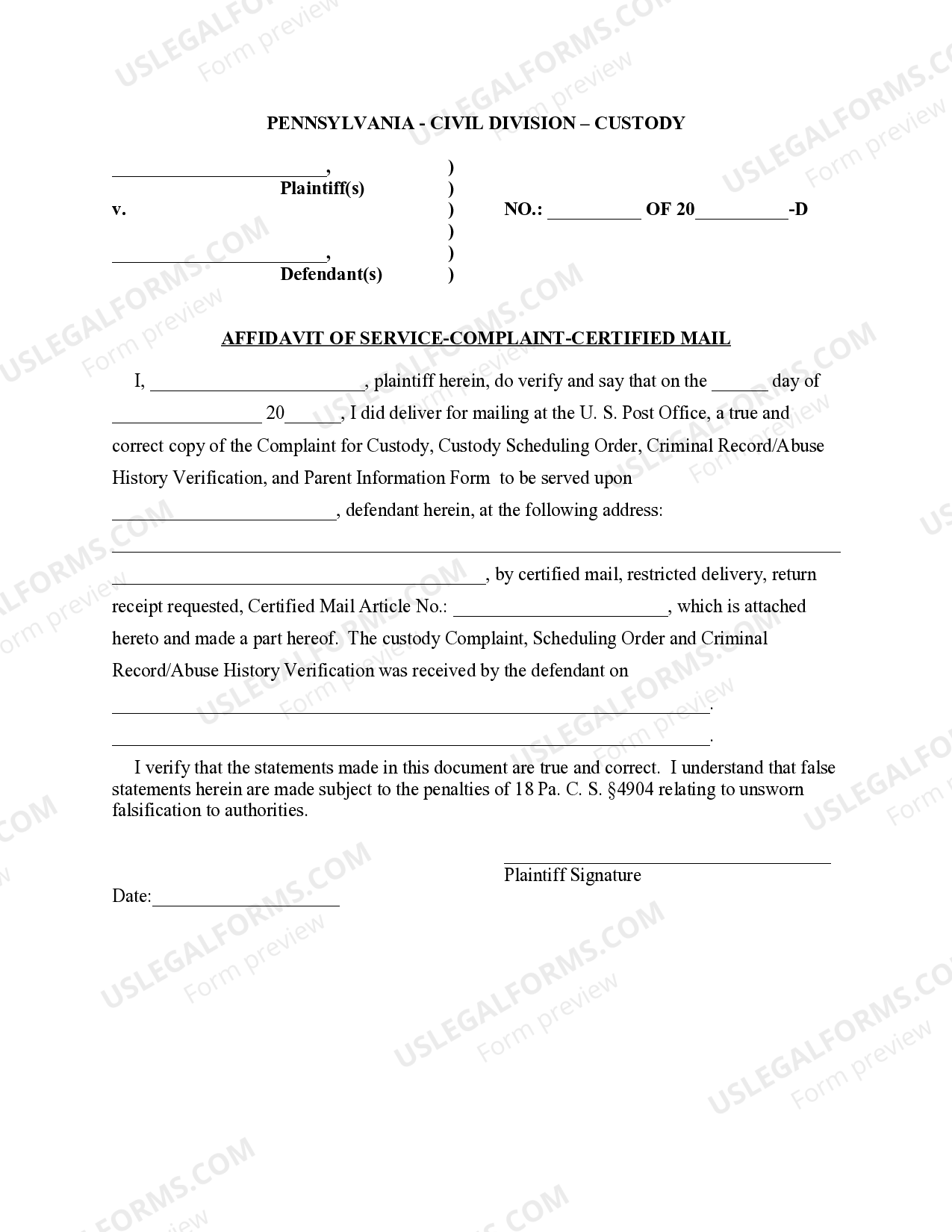 Pennsylvania Affidavit of Service- Complaint- Certified Mail | US Legal ...