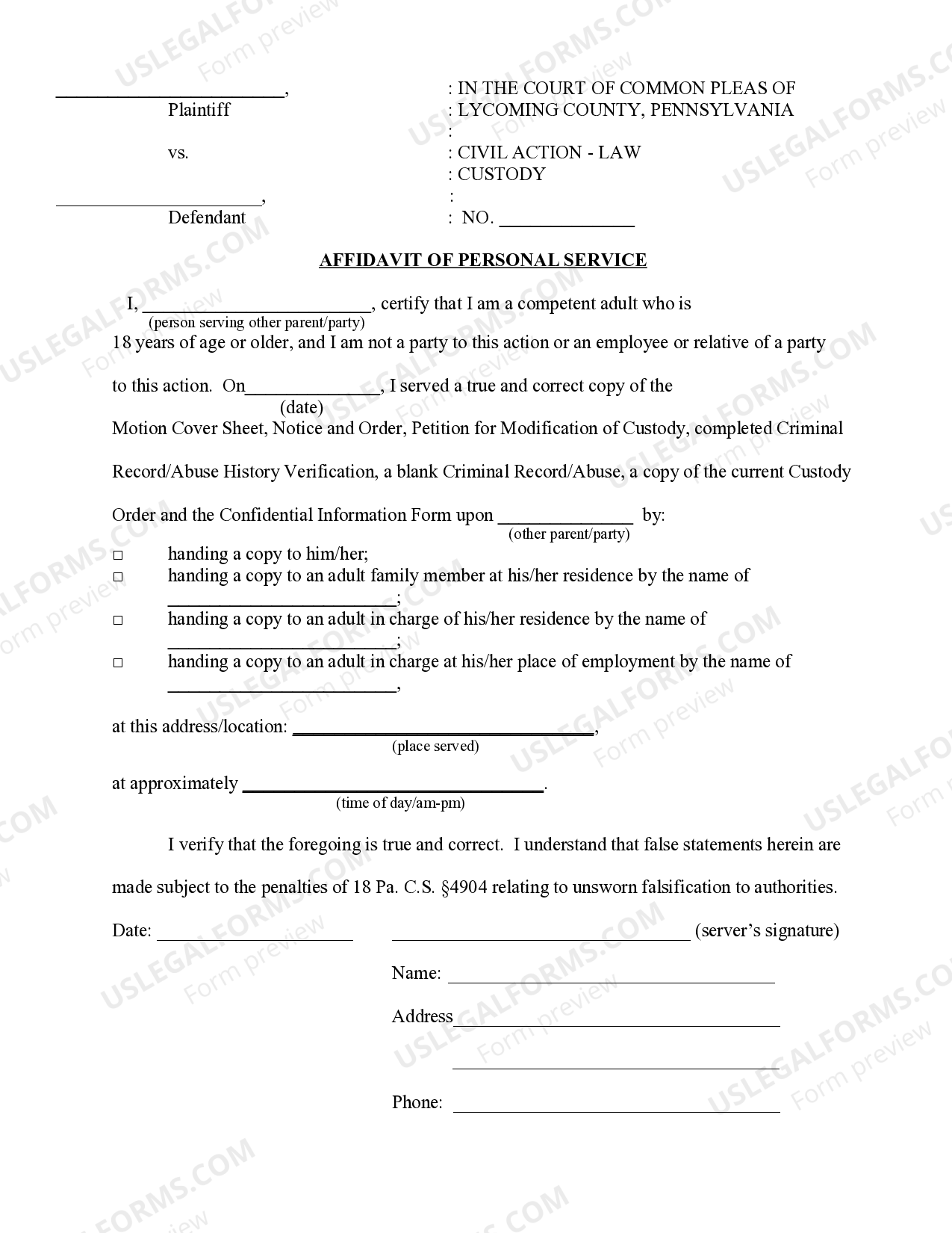 Pennsylvania Affidavit of Personal Service | US Legal Forms