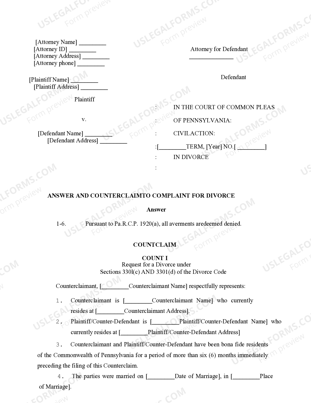 Pennsylvania Answer and Counterclaim to Complaint for Divorce | US ...