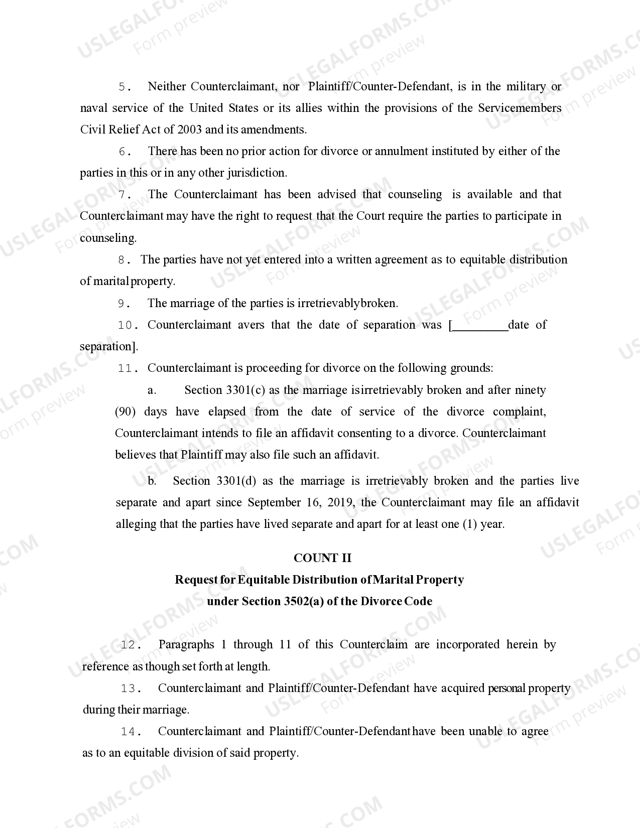 Pennsylvania Answer and Counterclaim to Complaint for Divorce | US ...