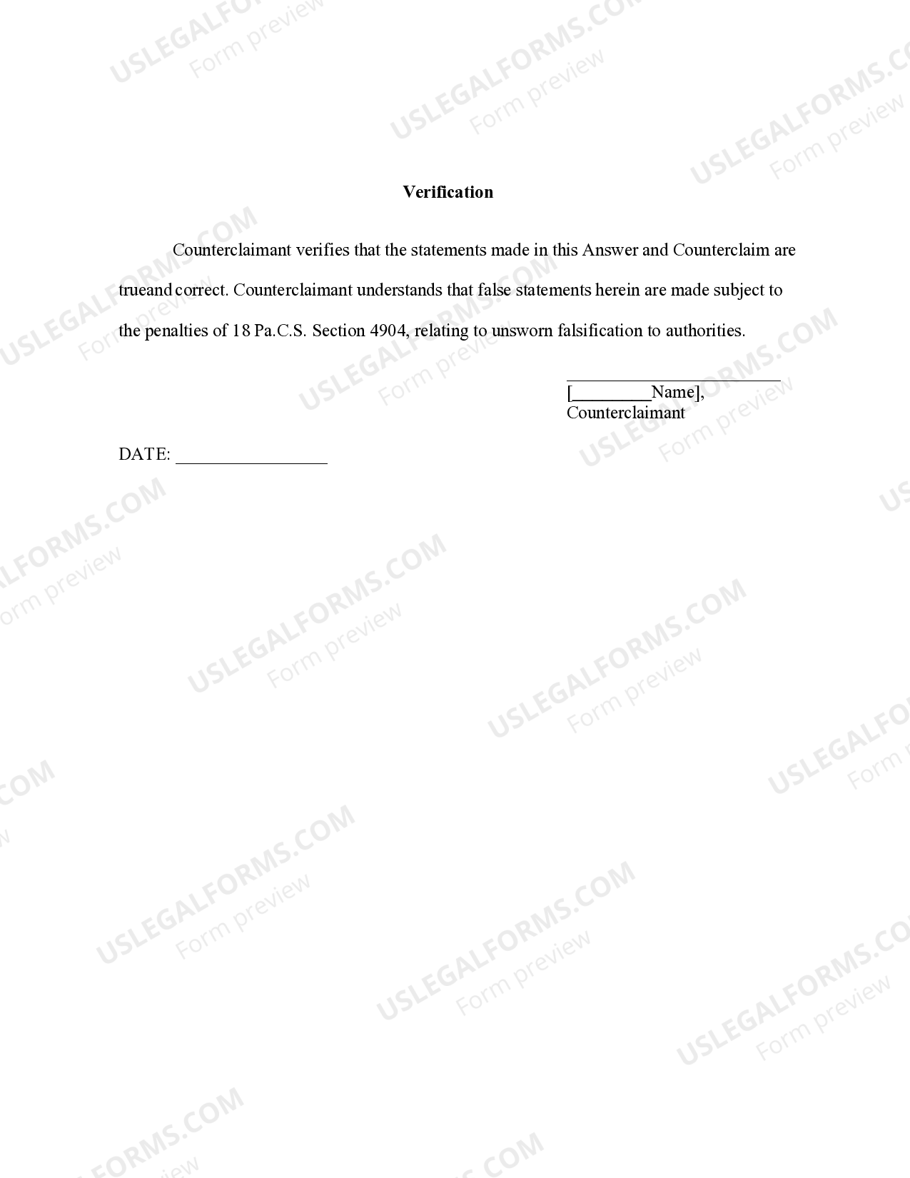 Pennsylvania Answer and Counterclaim to Complaint for Divorce | US ...