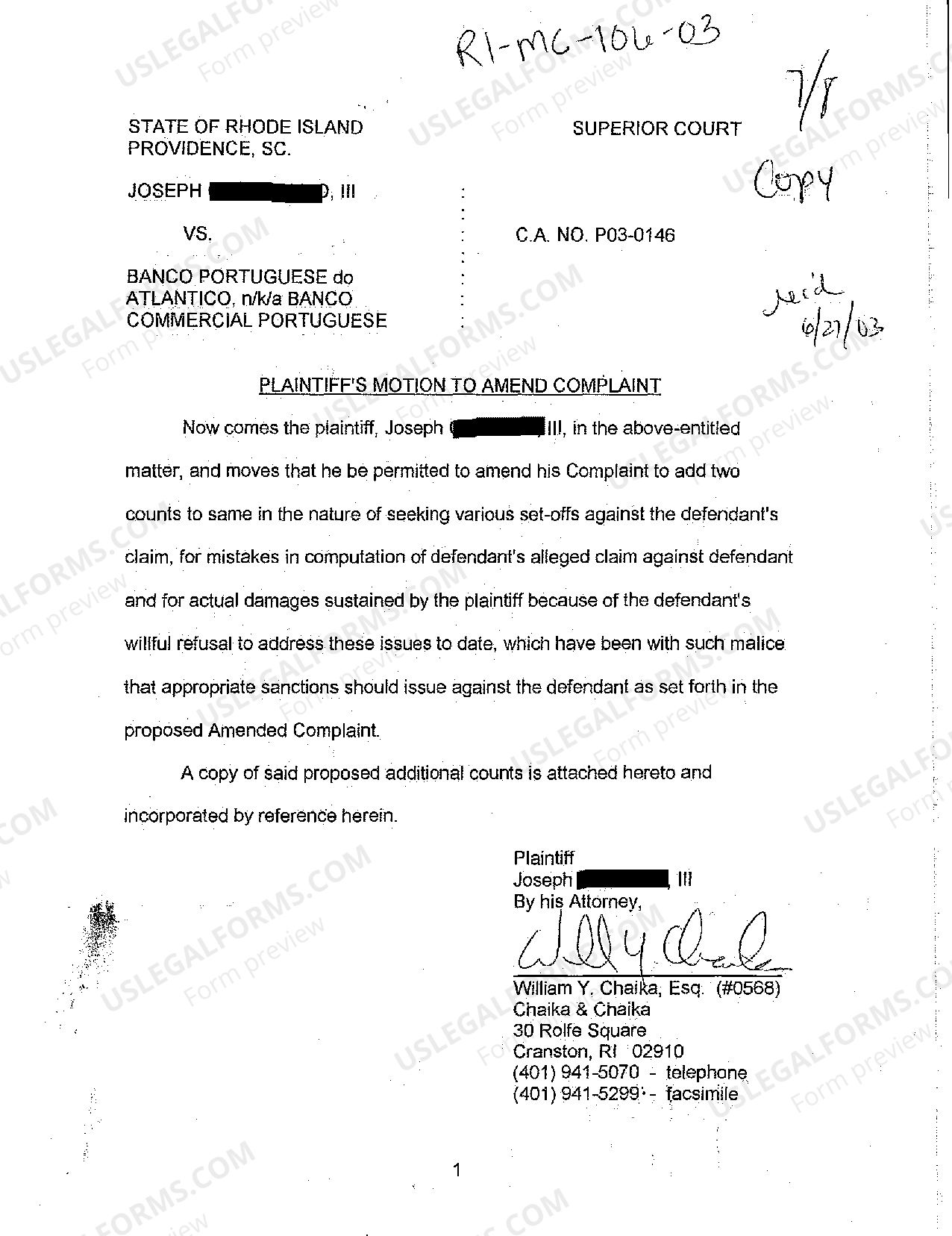 Rhode Island Plaintiff's Motion to Amend Complaint | US Legal Forms