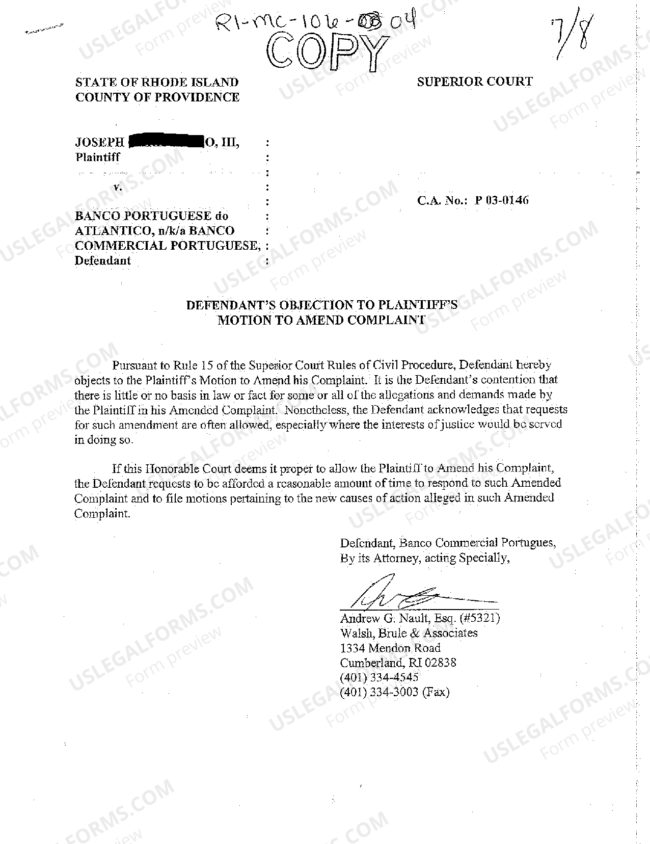 Rhode Island Defendant's Objection to Plaintiff's Motion to Amend Complaint | US Legal Forms