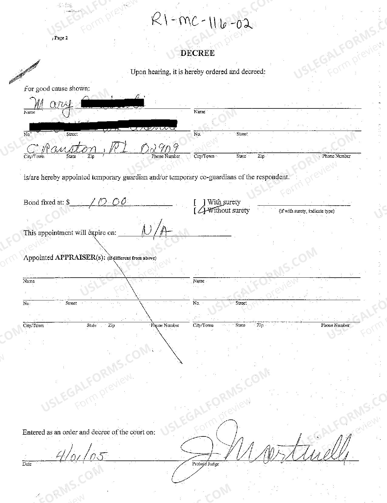 Rhode Island Decree Appointing Temporary Guardian | US Legal Forms