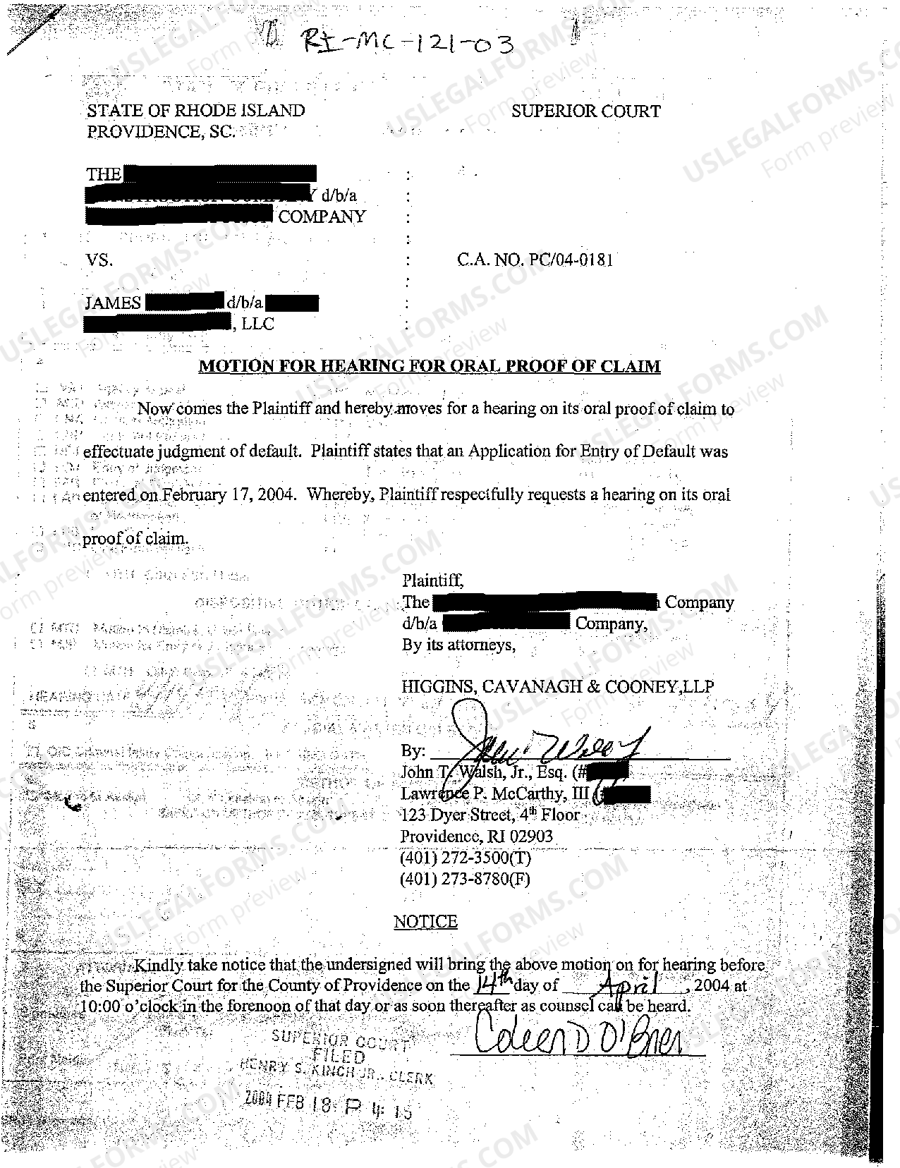 Rhode Island Motion for Hearing for Oral Proof of Claim | US Legal Forms