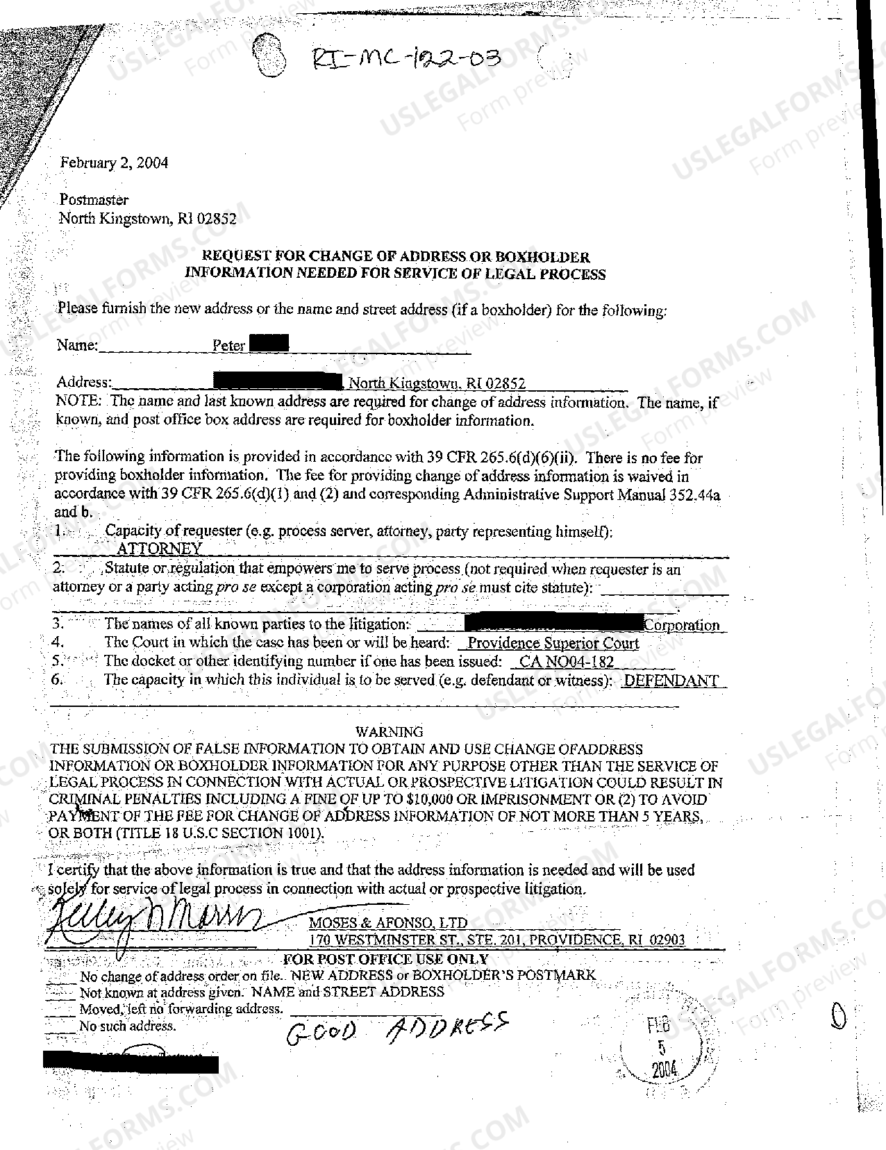 Rhode Island Request for Change of Address or Boxholder Information ...