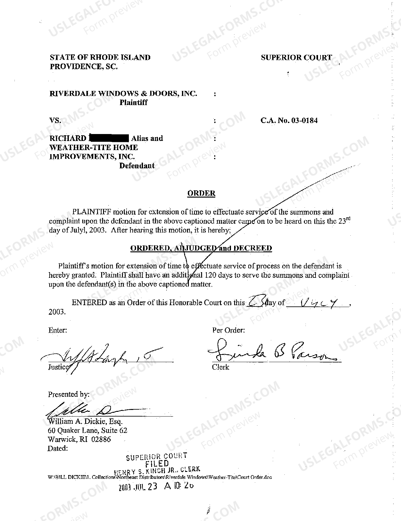 Rhode Island Motion and Order for Extension of Time to Serve Defendant ...