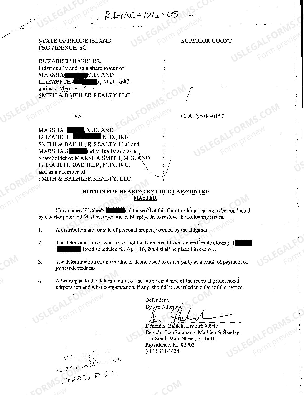 Rhode Island Motion for Hearing by Court Appointed Master | US Legal Forms