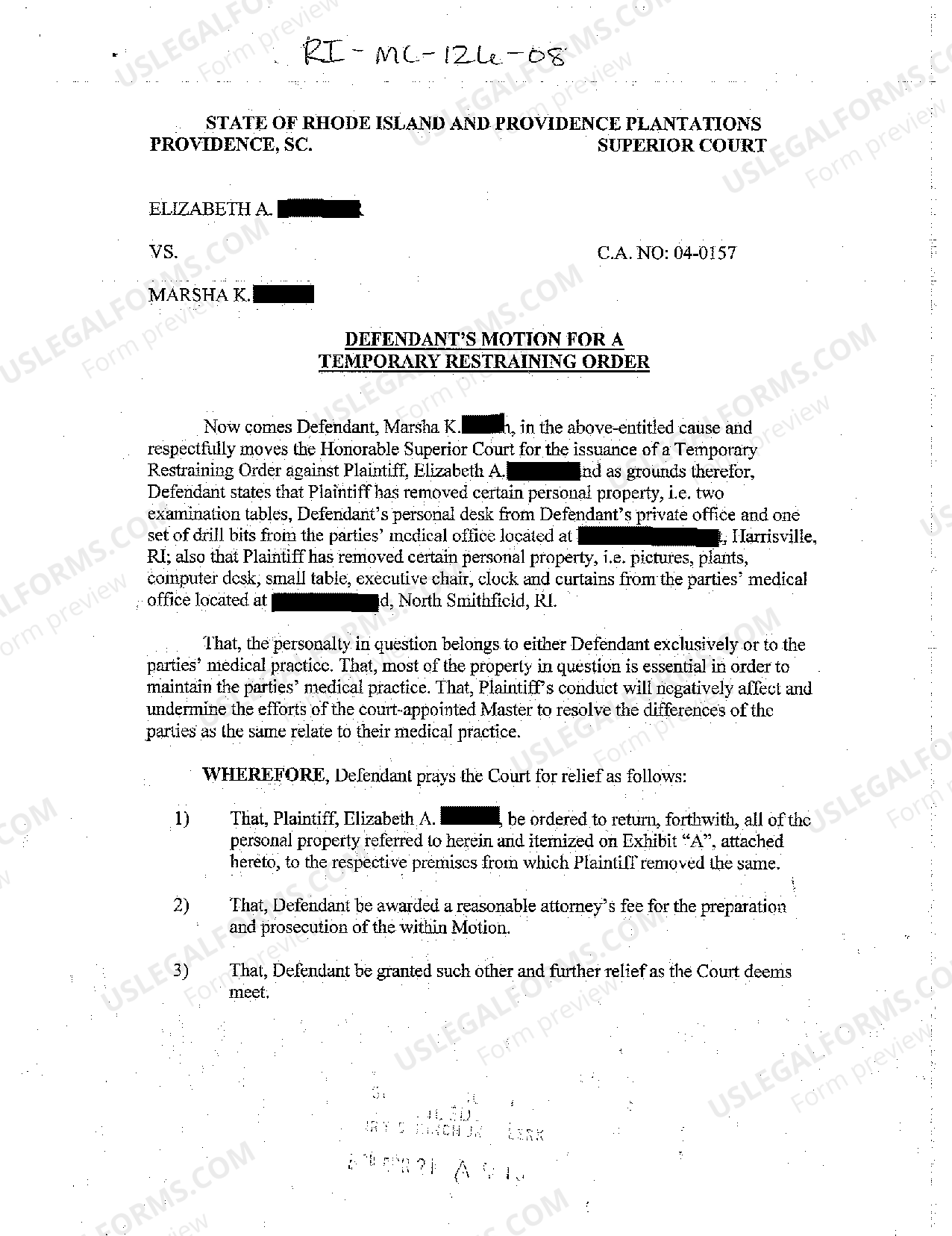 Rhode Island Defendant's Motion for a Temporary Restraining Order | US ...