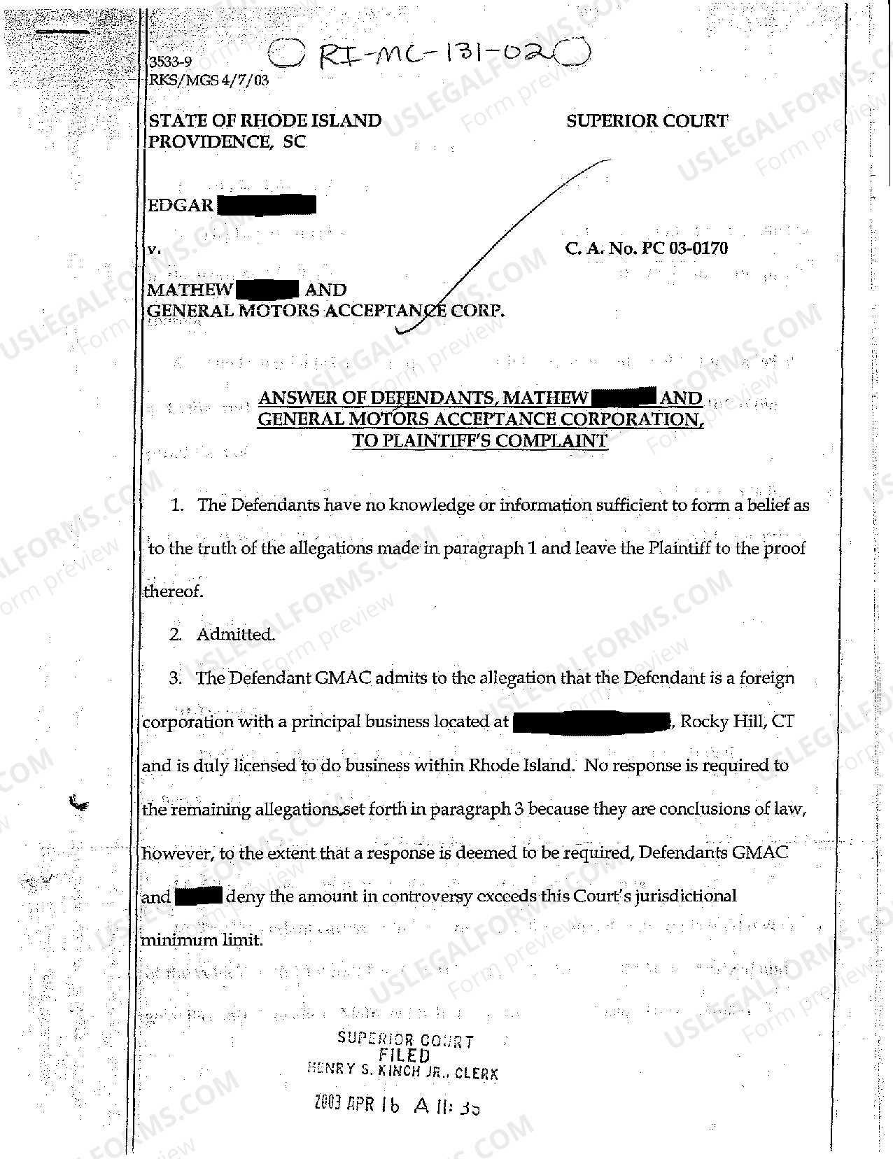 Rhode Island Answer of Defendants to Plaintiffs Complaint | US Legal Forms