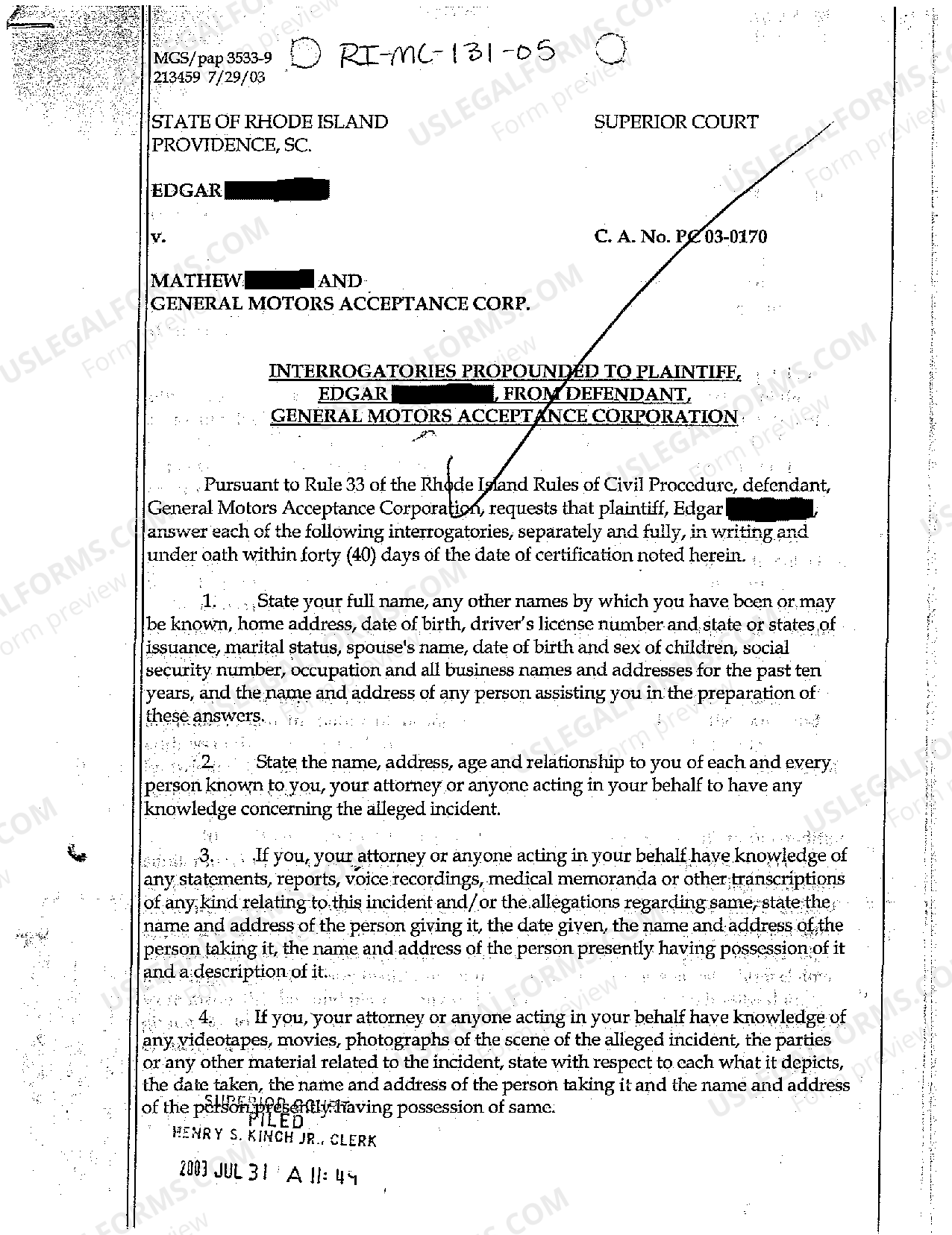 Rhode Island Interrogatories Propounded to Plaintiff from Defendant ...