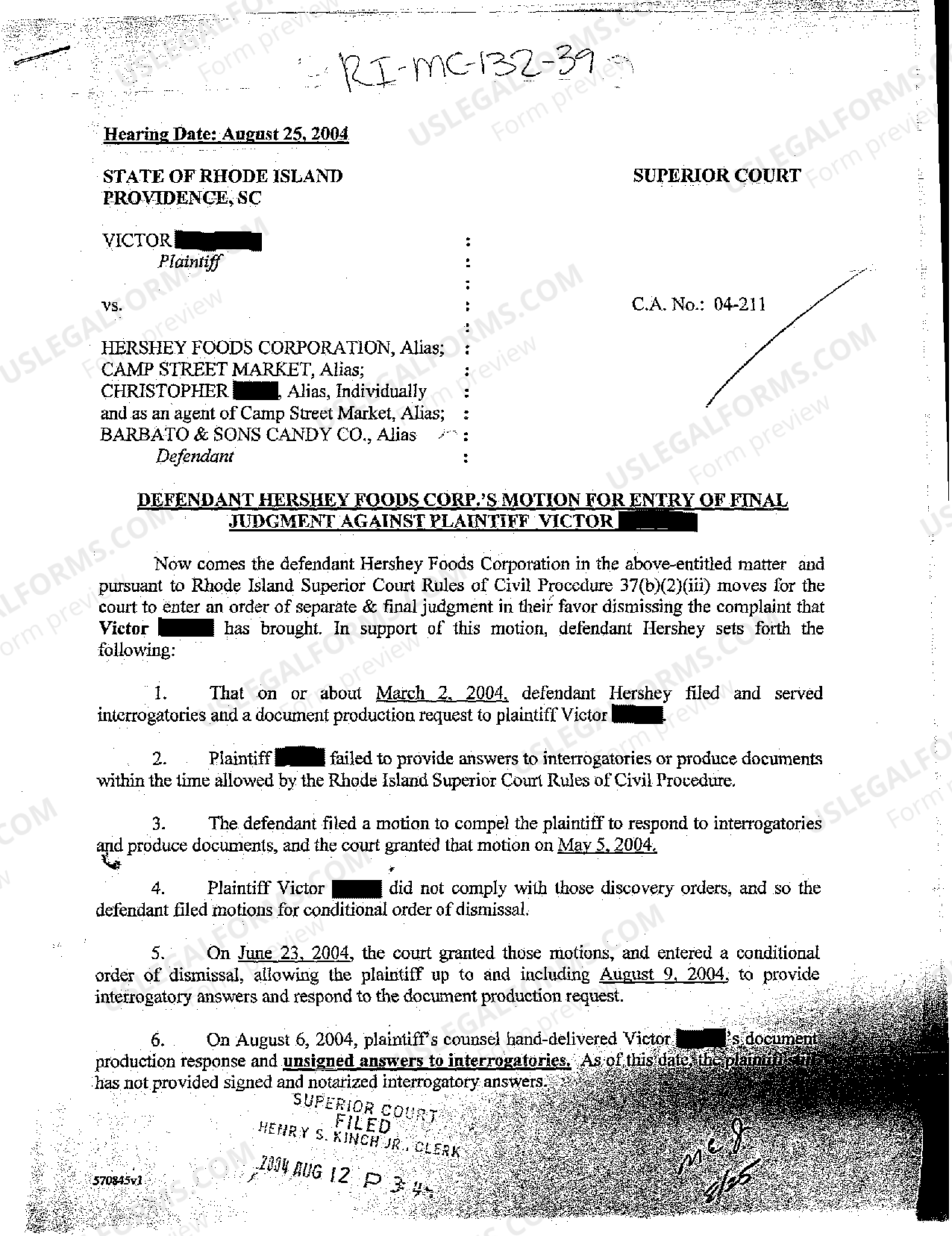 Rhode Island Defendant Hershey's Motion for Entry of Final Judgment ...