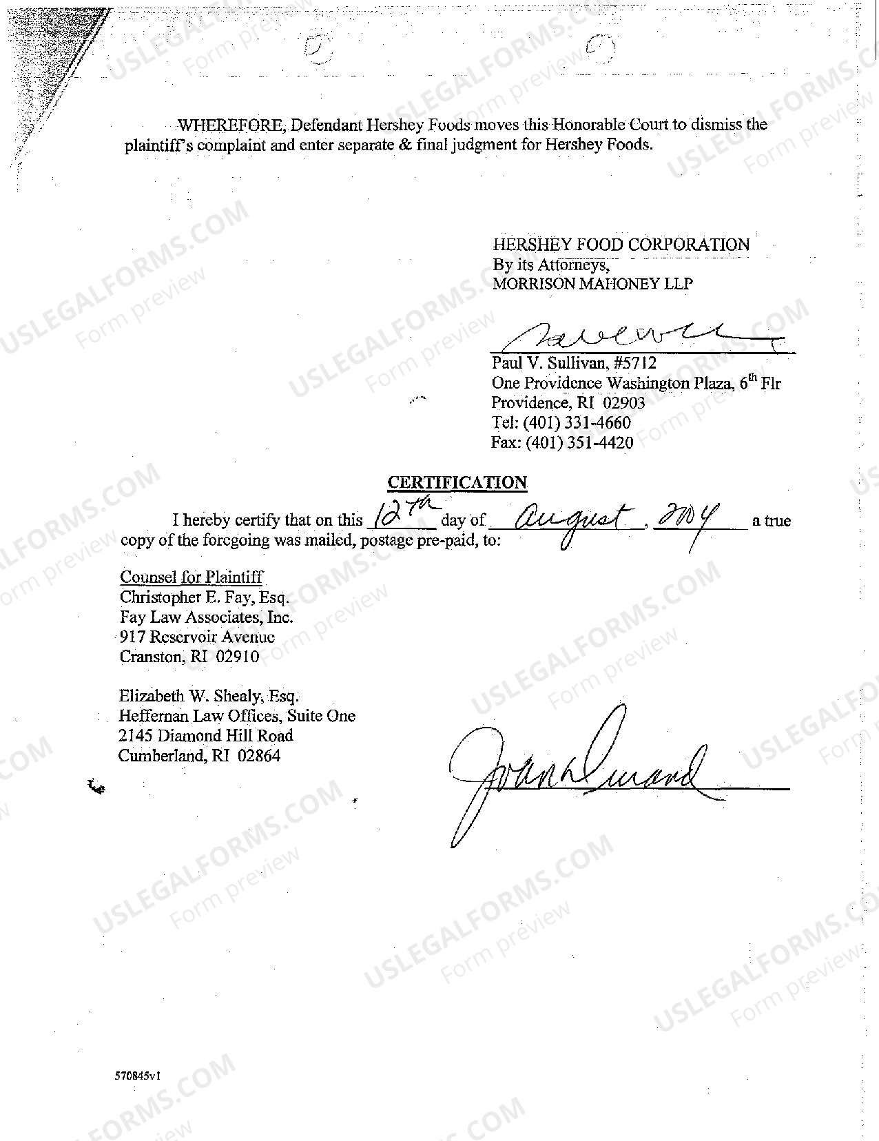 Rhode Island Defendant Hershey's Motion for Entry of Final Judgment ...