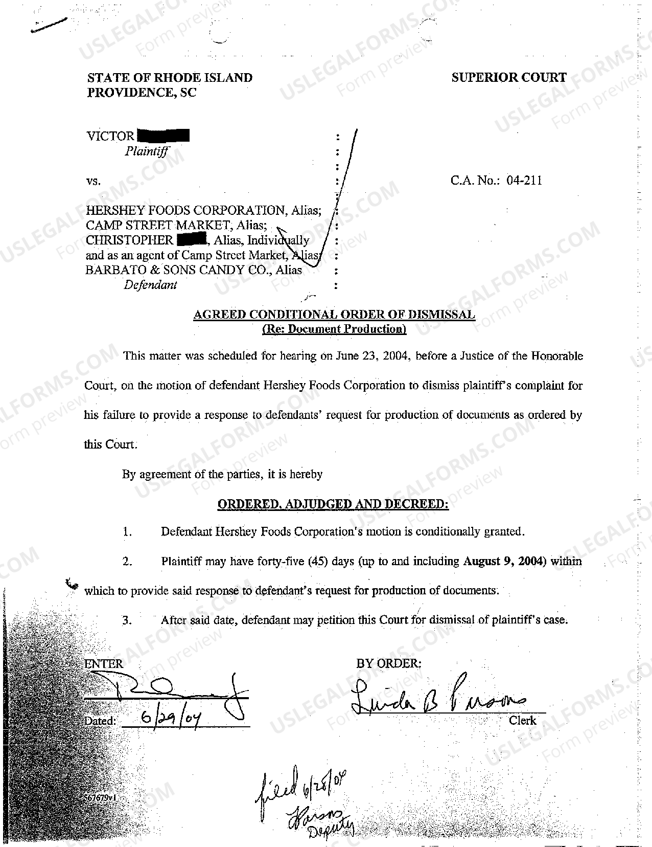 Rhode Island Agreed Conditional Order of Dismissal regarding ...
