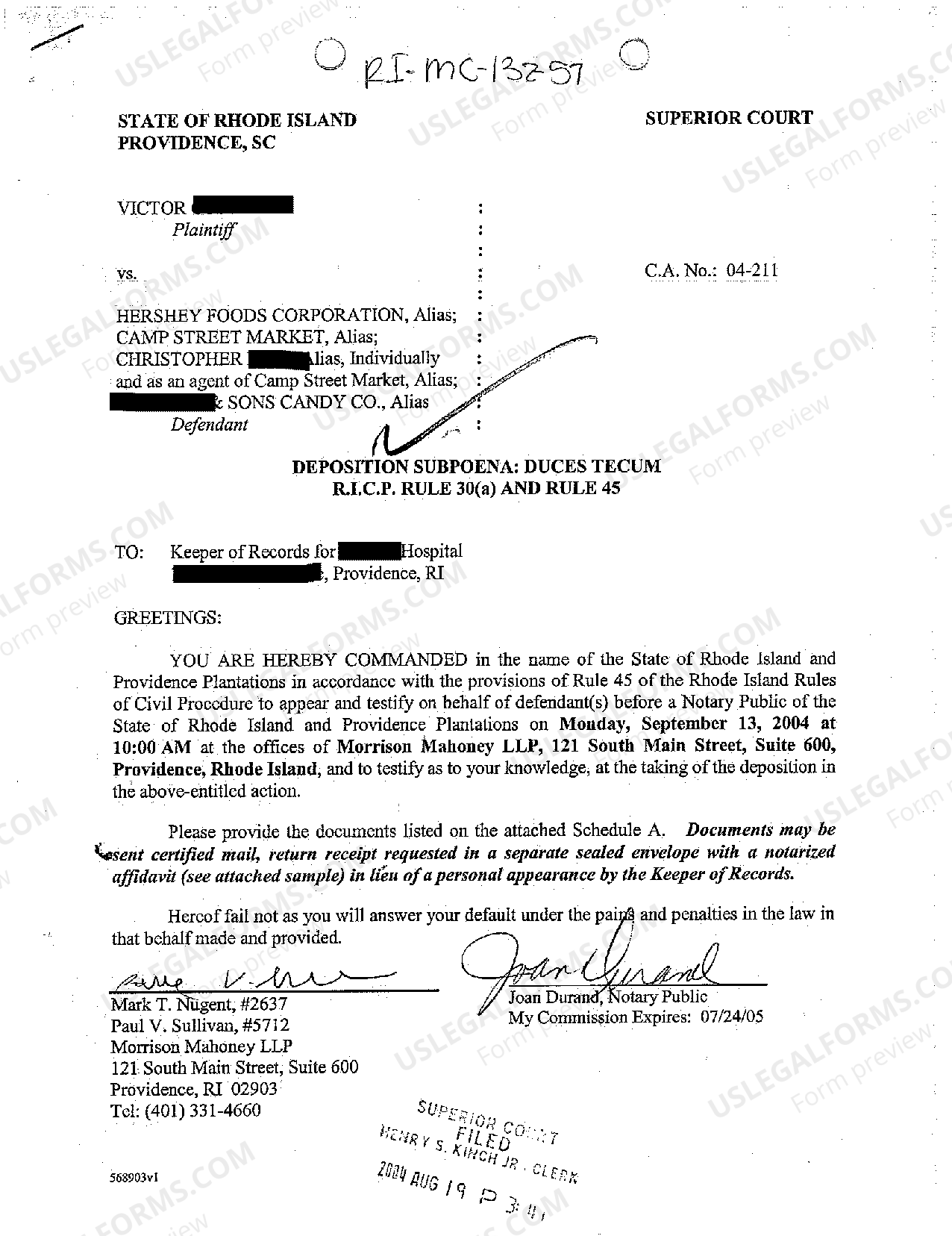 Rhode Island Deposition Subpoena Duces Tecum | US Legal Forms