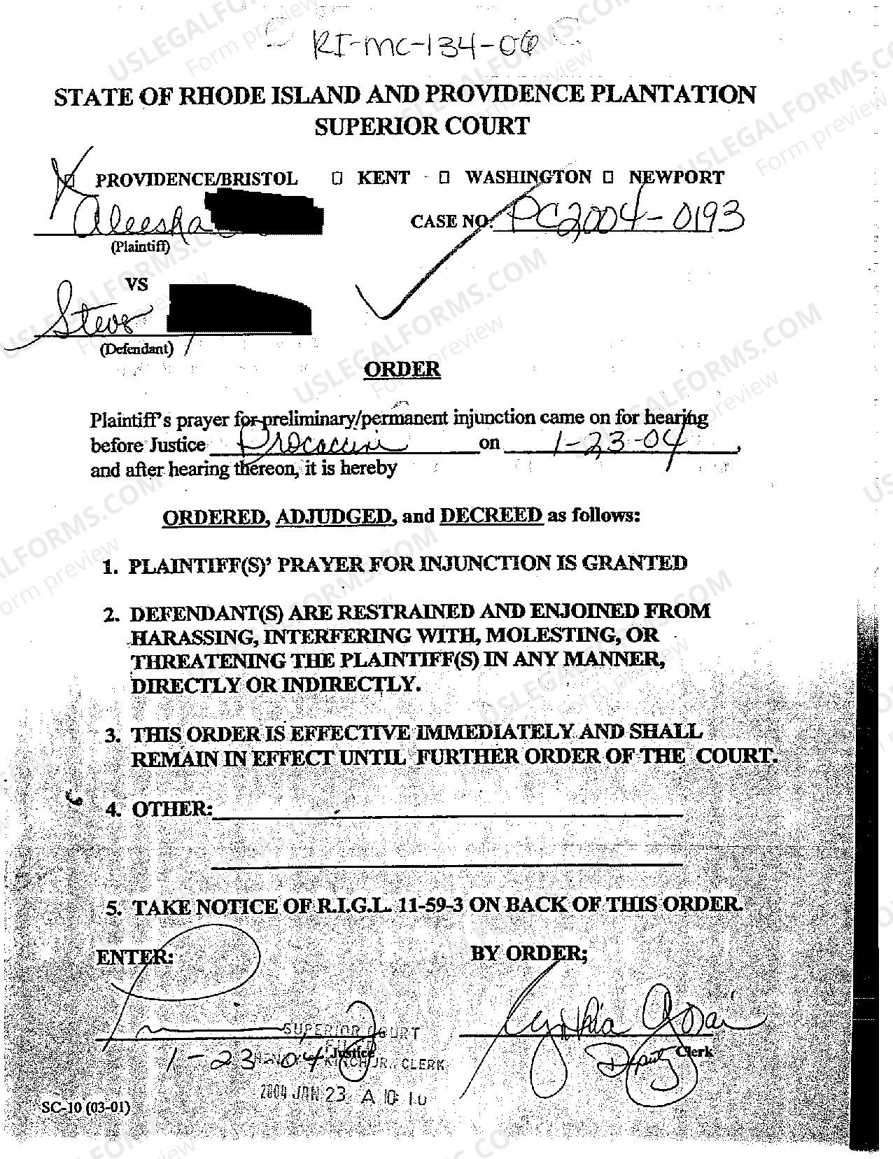 Rhode Island Order Granting Temporary Restraining Order - Rhode Island ...