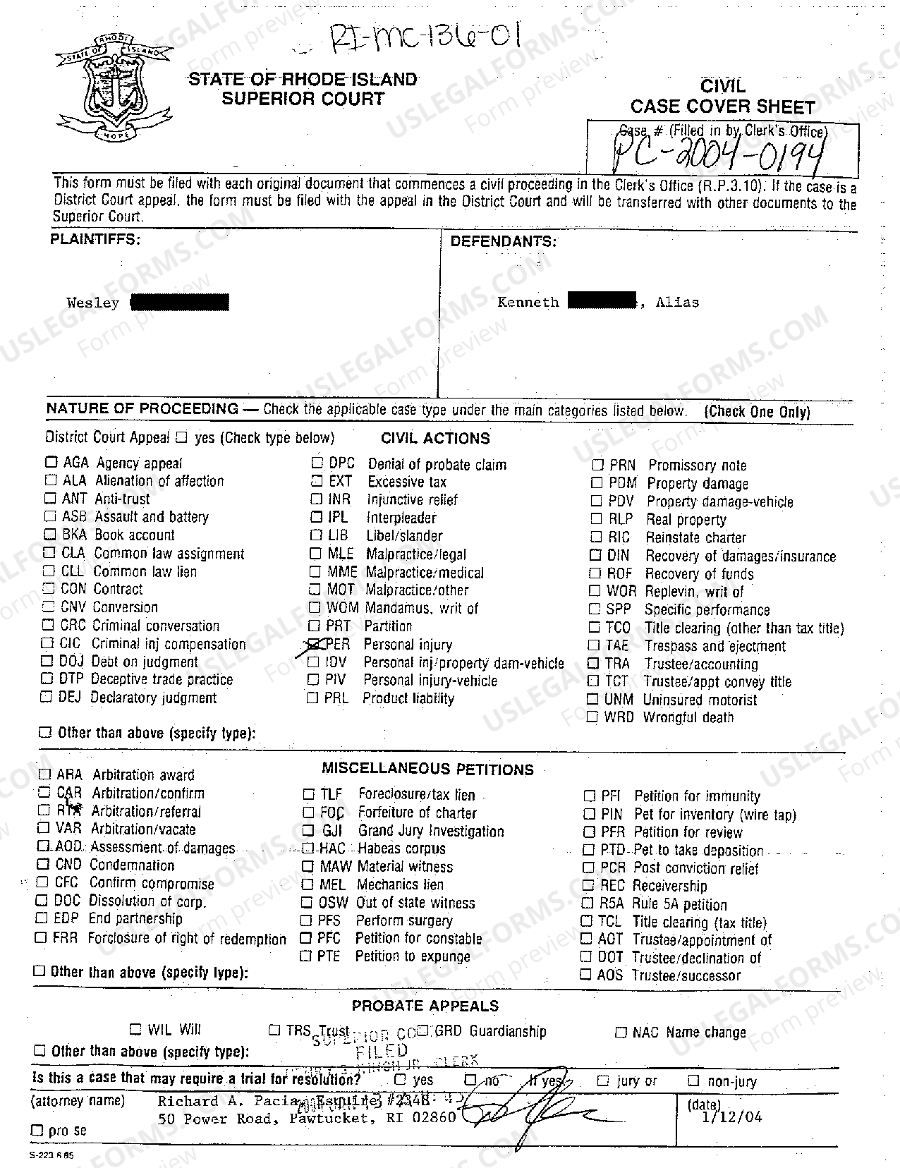 Rhode Island Civil Case Cover Sheet | US Legal Forms