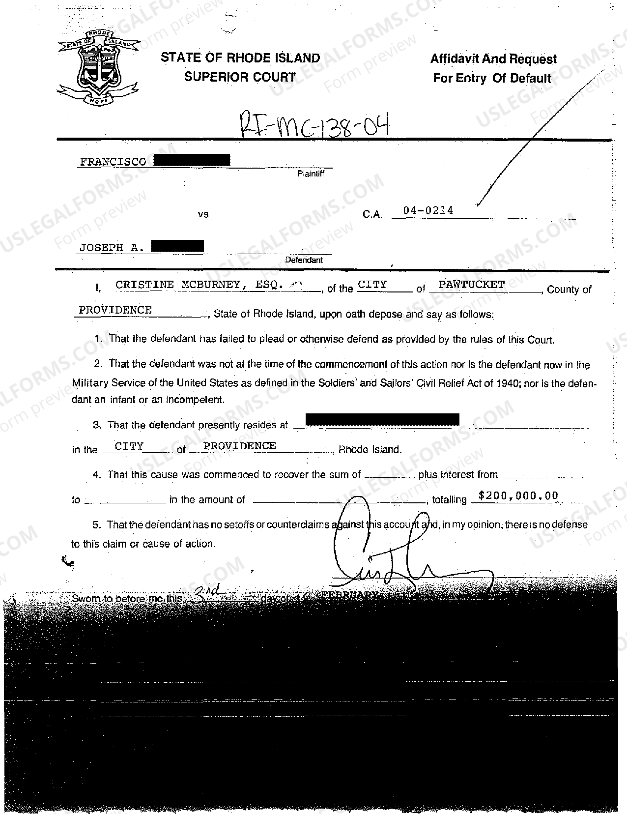 Rhode Island Affidavit and Request for Entry of Default | US Legal Forms