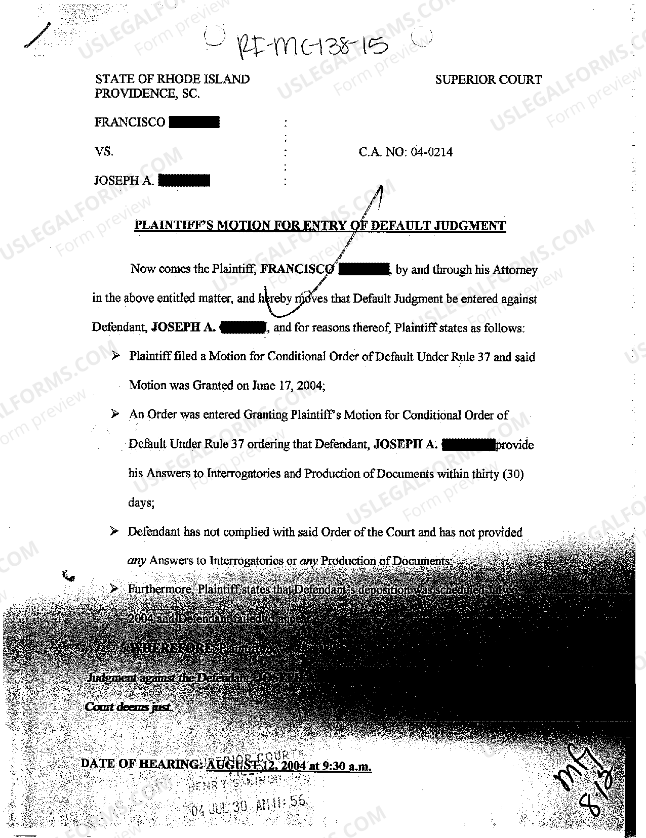 Rhode Island Plaintiff's Motion for Entry of Default Judgment | US Legal Forms