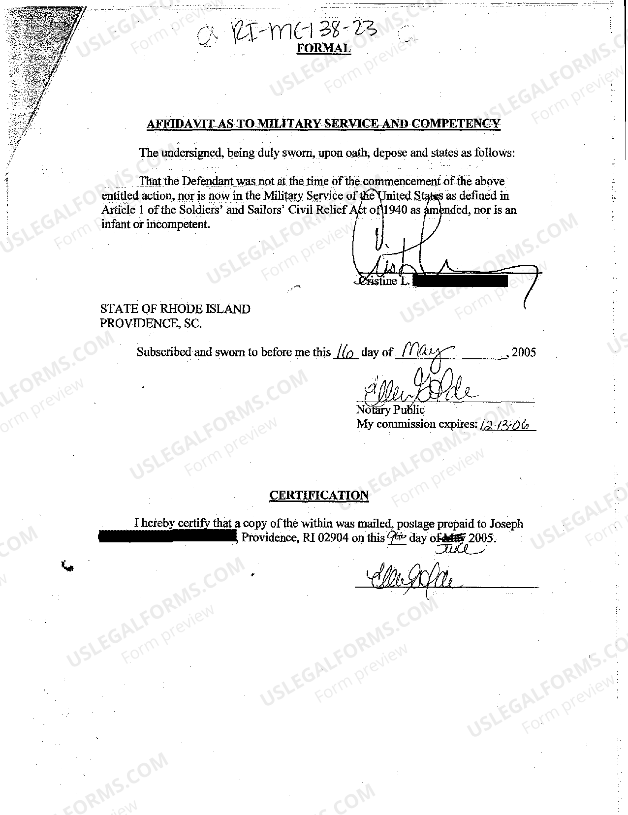 Rhode Island Affidavit as to Military Service and Competency | US Legal ...