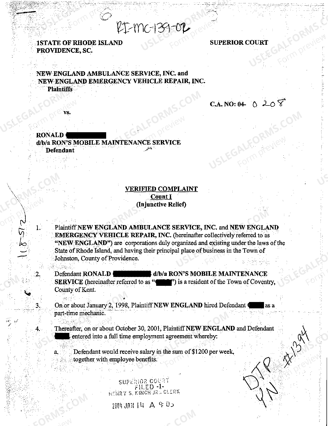 Rhode Island Verified Complaint for Injunctive Relief for Employee ...