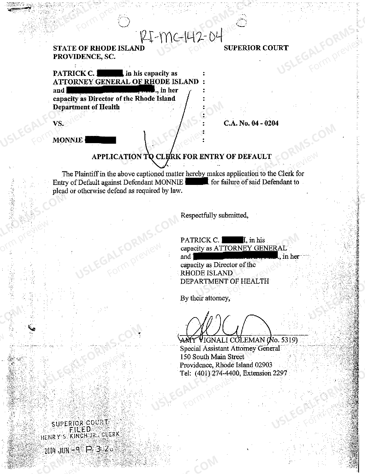 Rhode Island Application to Clerk for Entry of Default | US Legal Forms