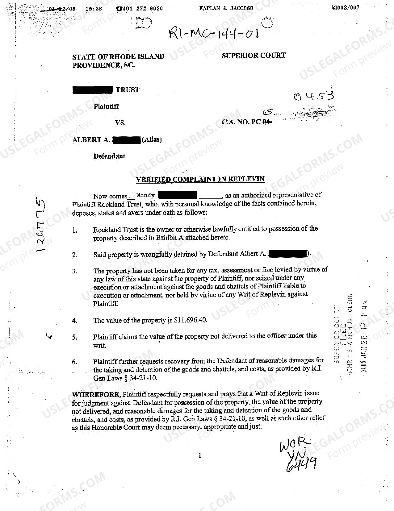 Rhode Island Verified Complaint in Replevin of Property Wrongfully ...