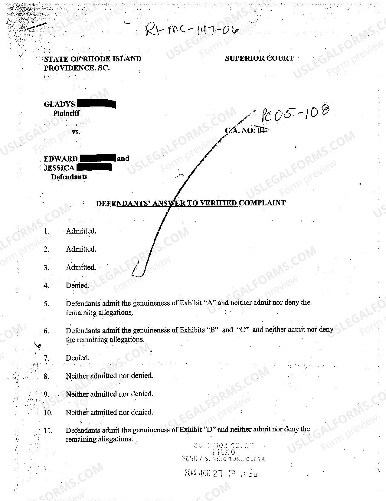 Rhode Island Defendants' Answer to Verified Complaint | US Legal Forms