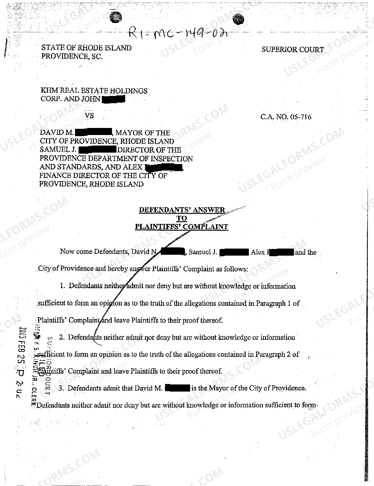 Rhode Island Defendants' Answer to Plaintiffs' Complaint | US Legal Forms