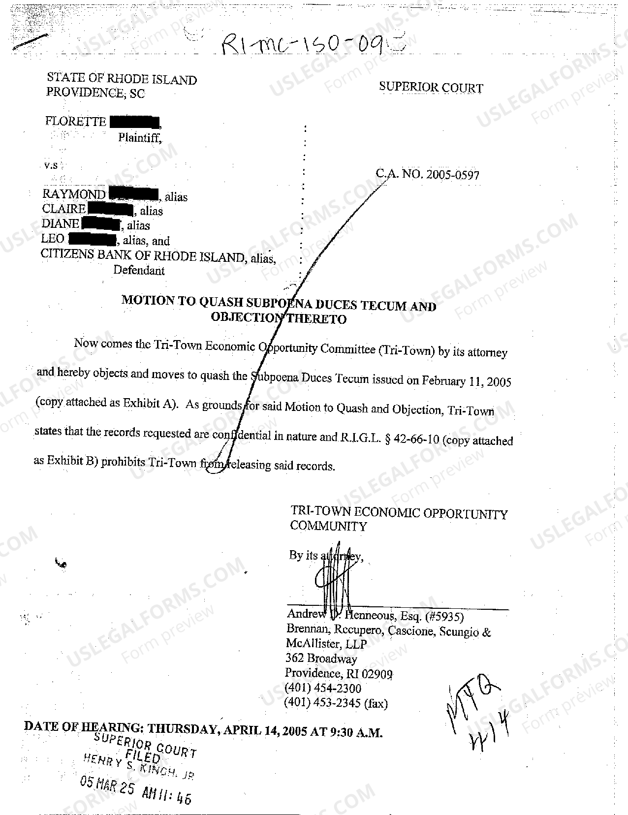 Rhode Island Motion to Quash Subpoena Duces Tecum and Objection Thereto ...