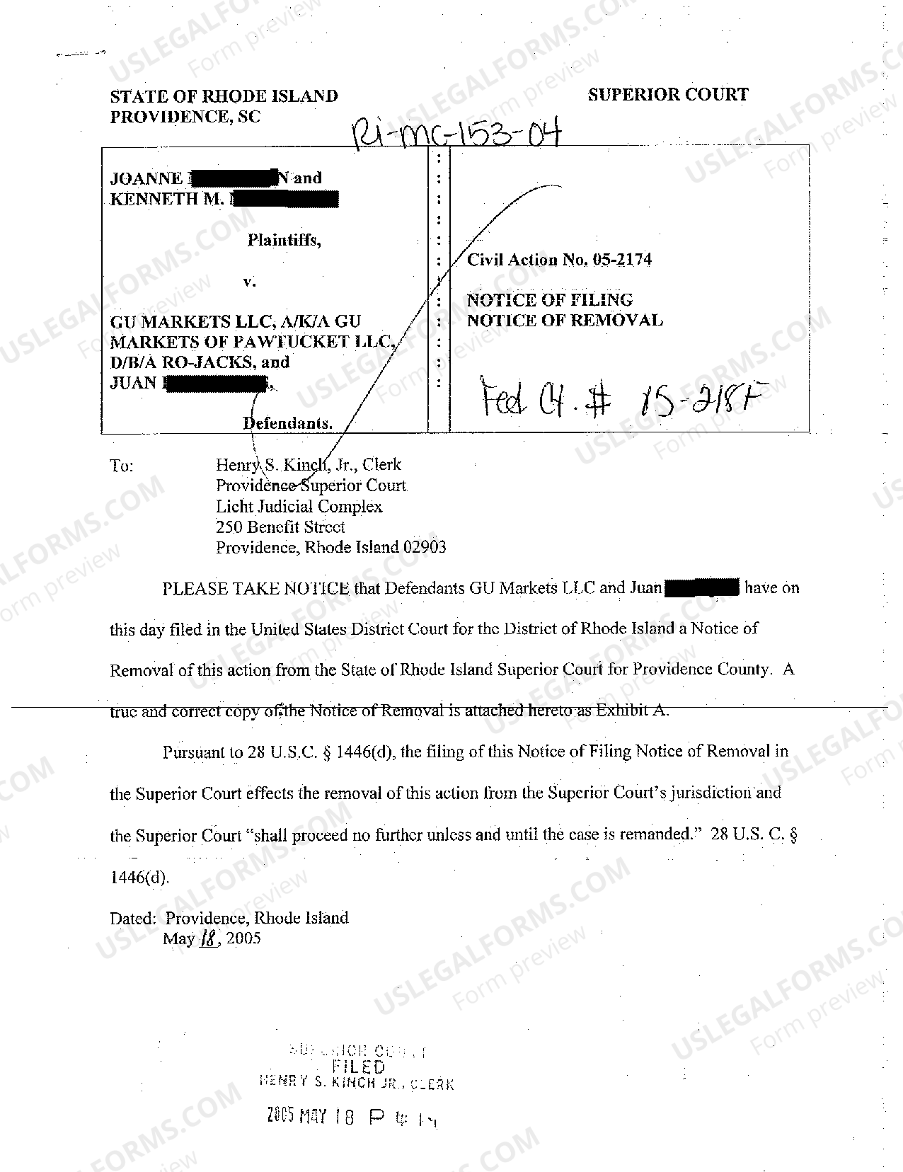 Rhode Island Notice of Filing Notice of Removal | US Legal Forms