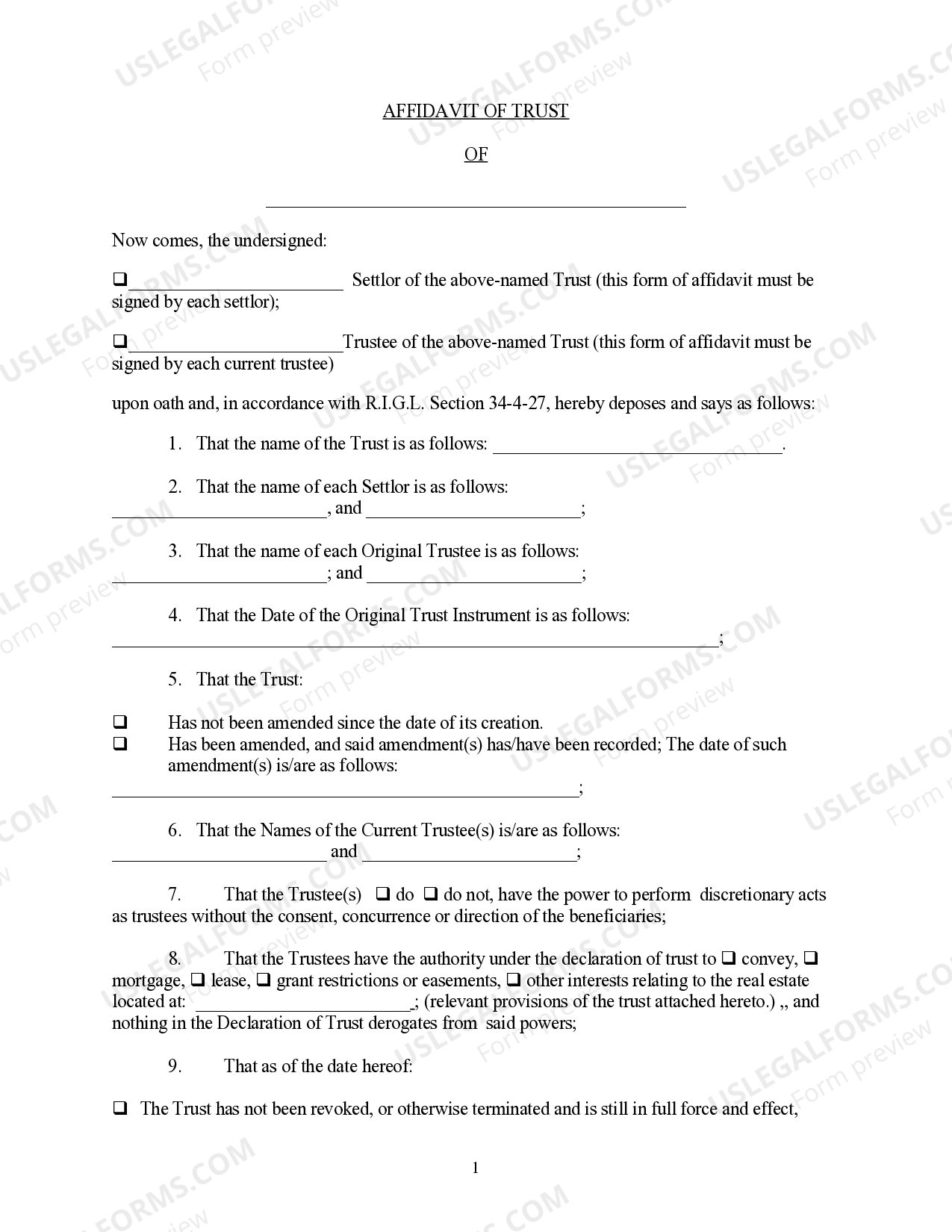Rhode Island Affidavit of Trust | US Legal Forms