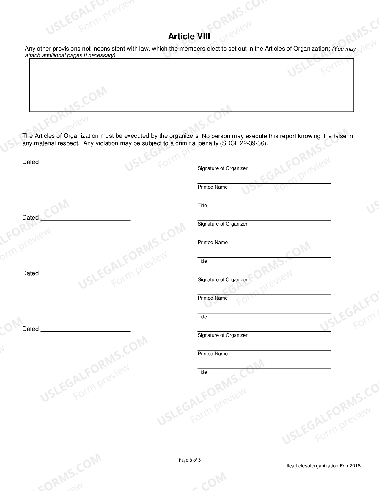 South Carolina Articles of Organization for Domestic Limited Liability ...