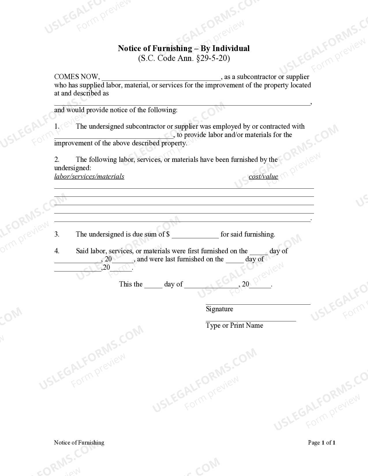 South Carolina Notice of Furnishing - Individual - South Carolina ...