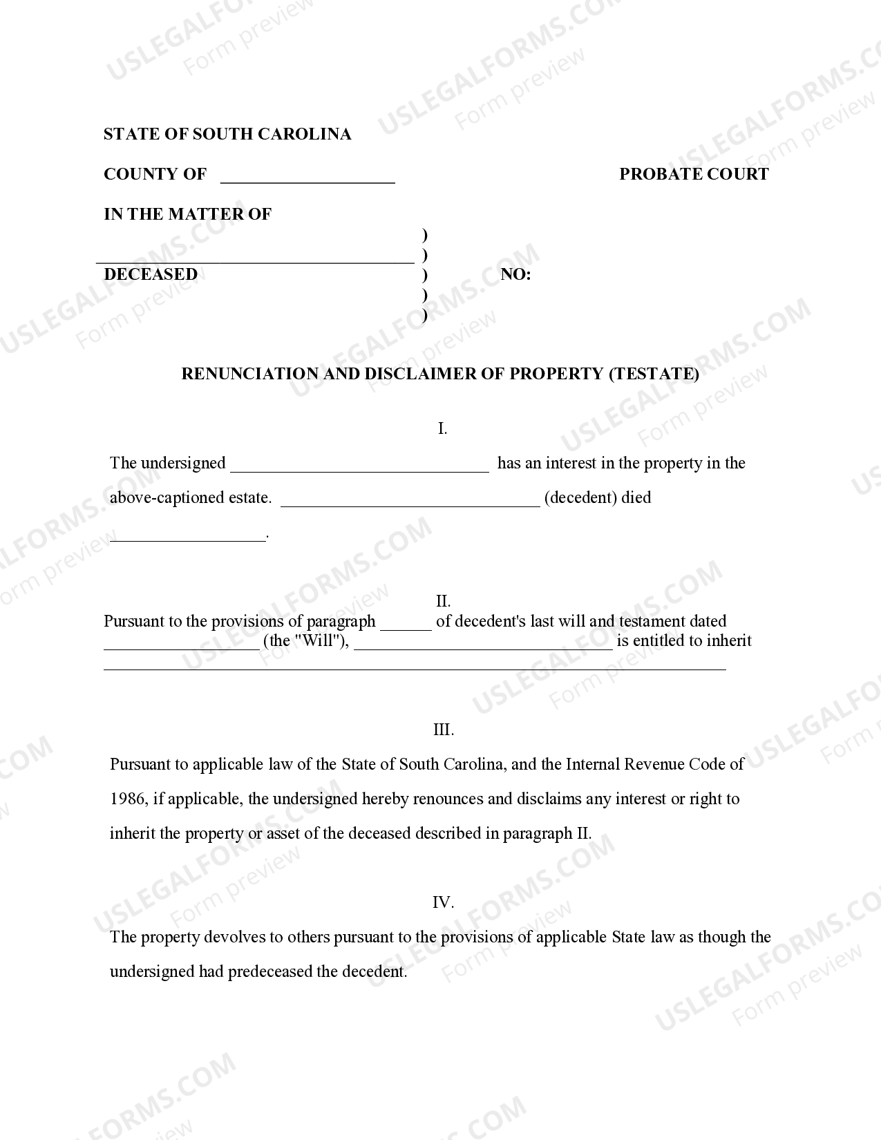 South Carolina Renunciation And Disclaimer of Property from Will by ...